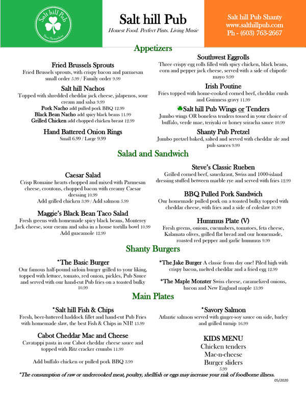 Salt hill Shanty Menu - Salt hill Pub